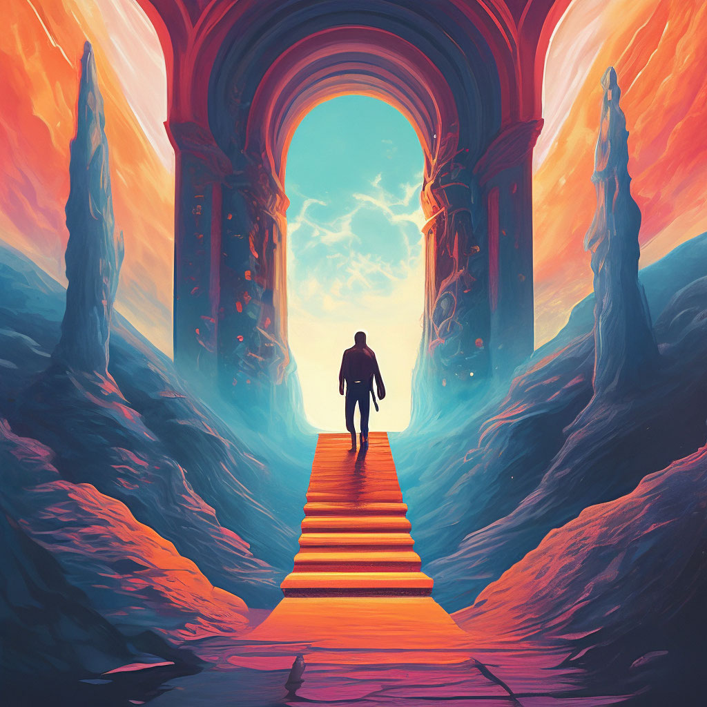 "Step into the unknown, illustration" — image created in Shedevrum