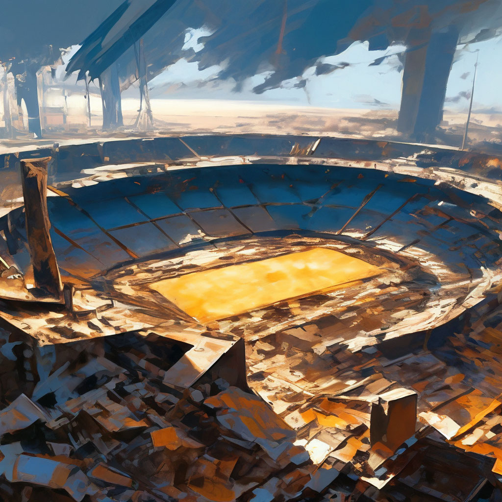 "Sabled Sun , dark future, broken stadium - top view, megastructures ...