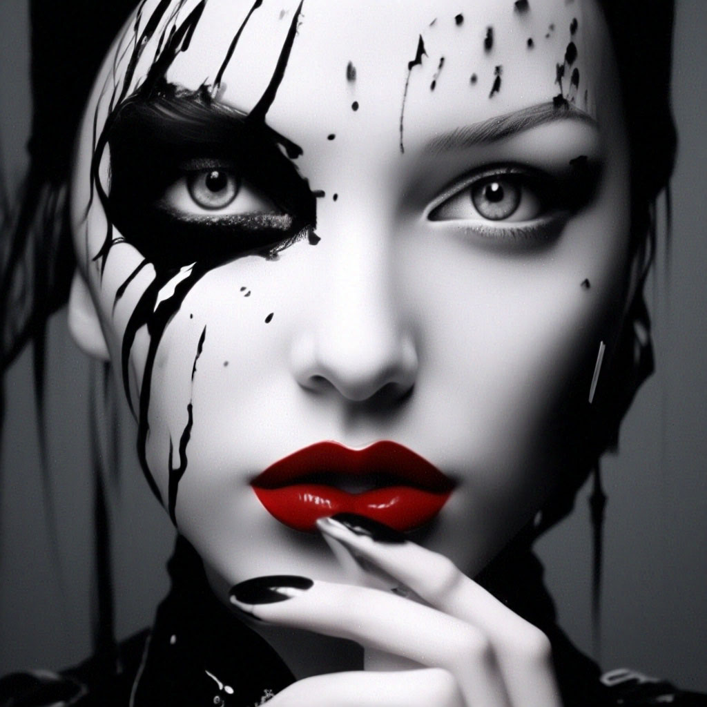 "Girl glass, yin-yang, pixily, red lips, liquid wax, long nails, kiss ...