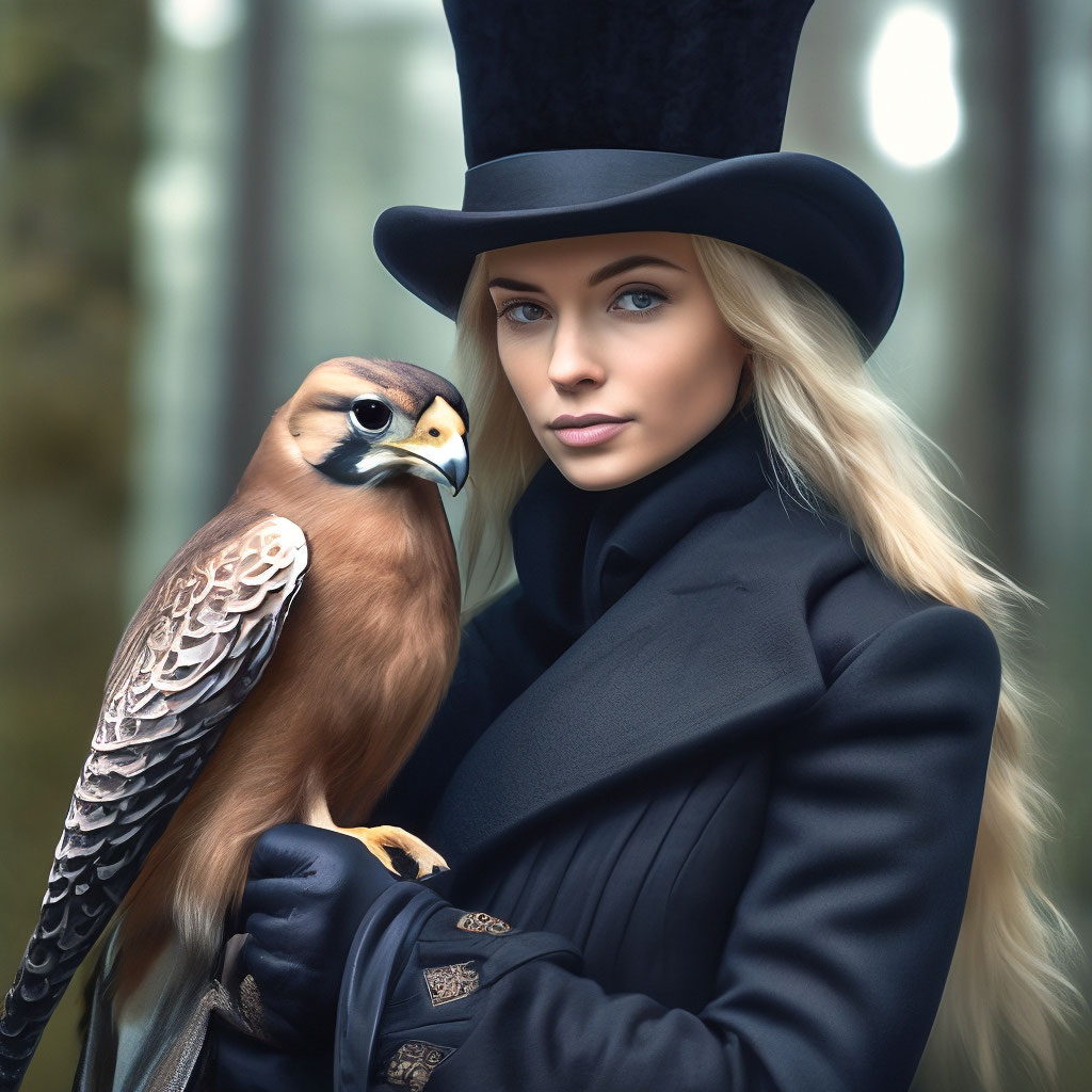 "A girl in a black tailcoat and a top hat holds a falcon on her arm ...