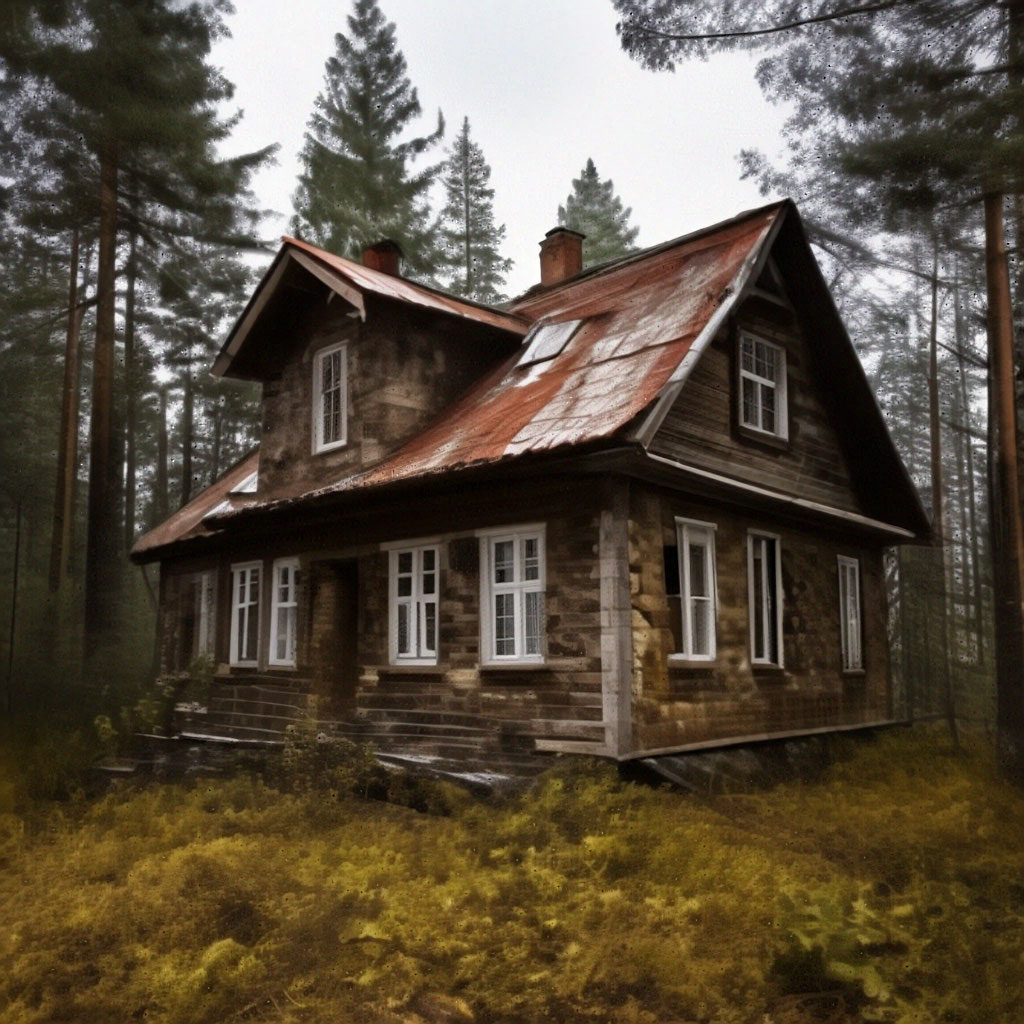 "Cottage of the USSR wooden house with terrace,white shutters, roof ...