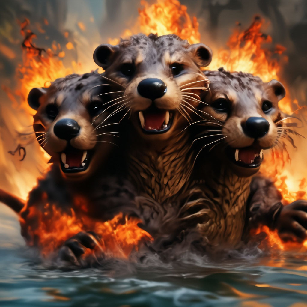 "An anthropomorphic otter in the form of a fire-breathing Cerberus with ...