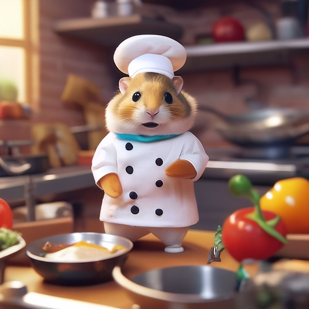 "A hamster in a chef's costume in the kitchen" — image created in Shedevrum