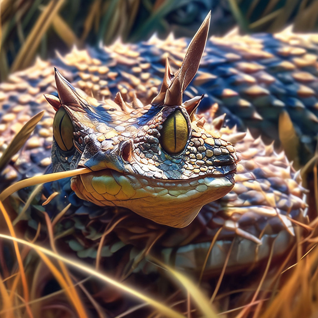 "Panorama, horned striped snake viper in dry grass, hyperrealism ...