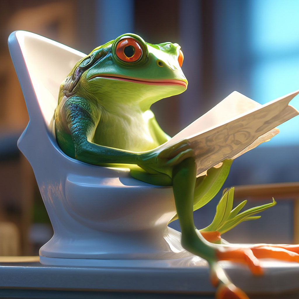 "Anthropomorphic frog sitting on the toilet, reading a newspaper, award ...