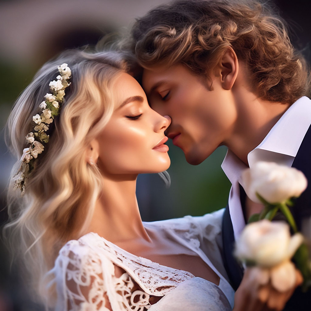 "Nightec style, grunge fashion, groom's kiss, flowers in his hands, the ...