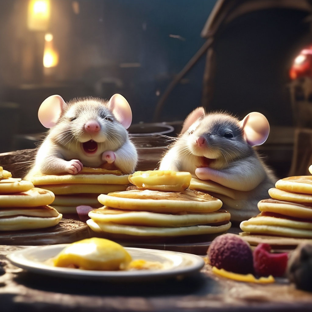 "Fat mice ate too much pancakes and fell asleep, some on pancakes, some ...