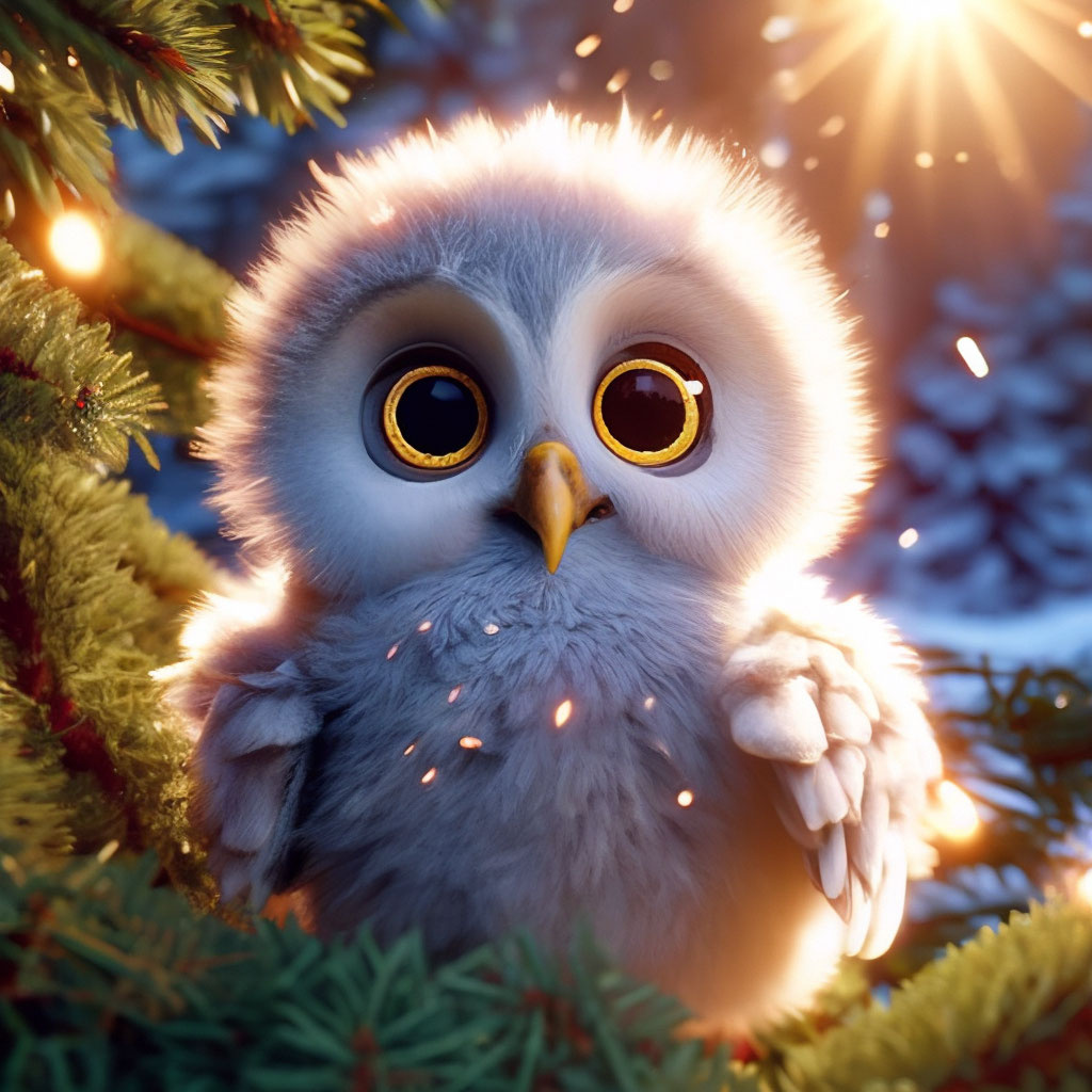 Cartoon, cute fluffy baby owl chick, ridiculous peeks out from under a ...