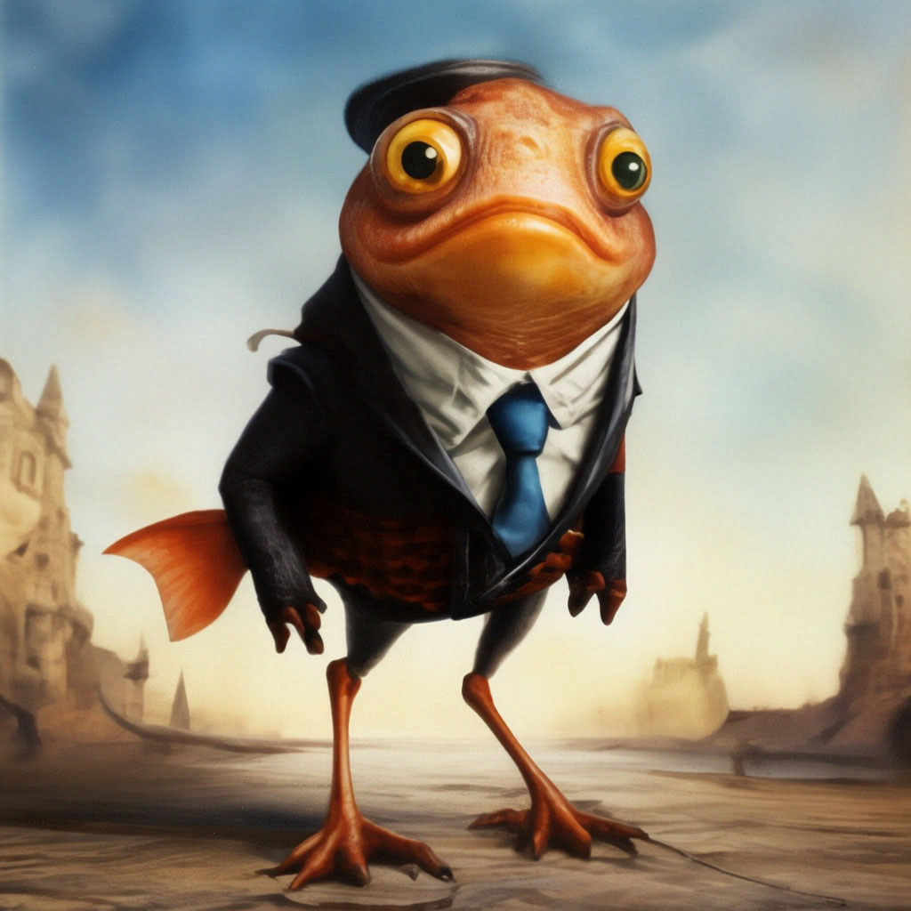 "Gentleman fish is an ironic realist flying on ostrich legs in a vest ...