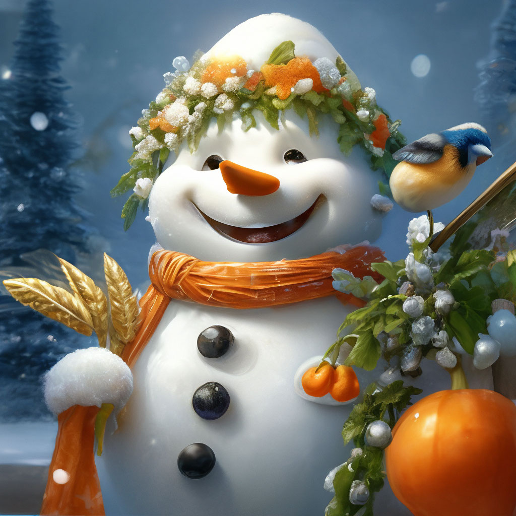 "An anthropomorphic smiling snowman, a wreath of wheat ears on his head ...