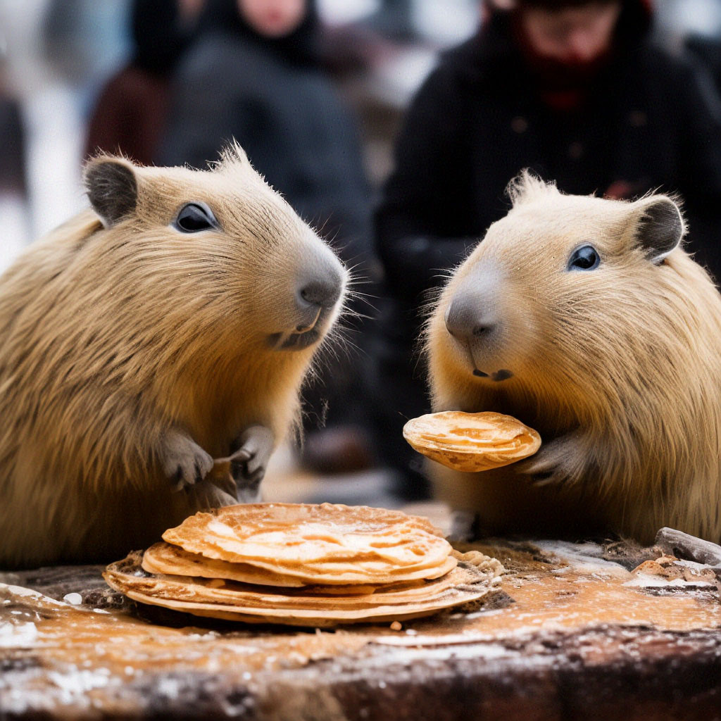 "Maslenitsa, capybaras burn an effigy and eat pancakes" — image created ...