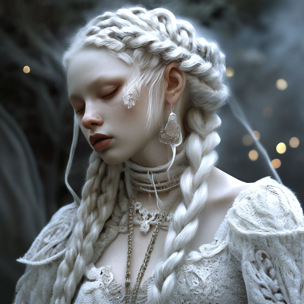 "Albino demon girl, in white clothes, fractally, lace, hair in ...