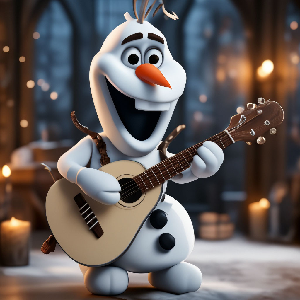 "Olaf the snowman, playing the guitar" — image created in Shedevrum