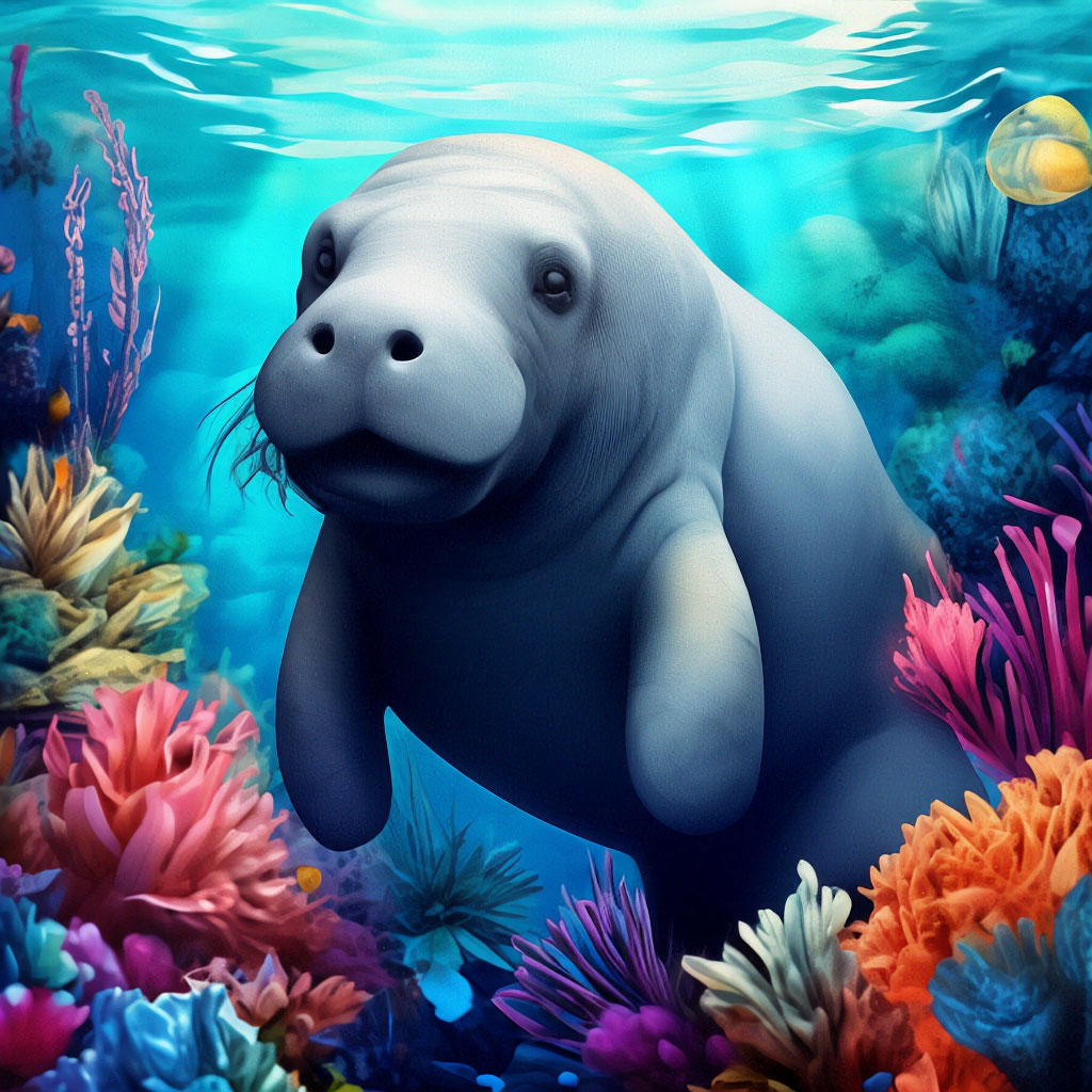 "Cute beautiful manatee mythical oceanic reef of corals and algae ...