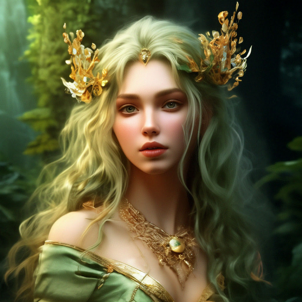 "Beautiful elf princess with light green hair lush, delicate gold ...