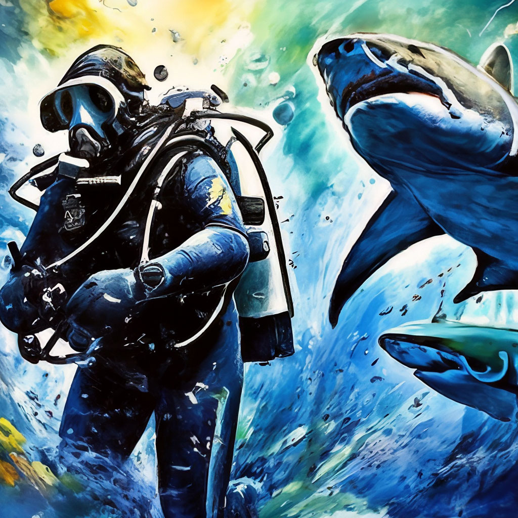 "Watercolor, scuba divers, shark hunters, fine black ink drawing, lots ...