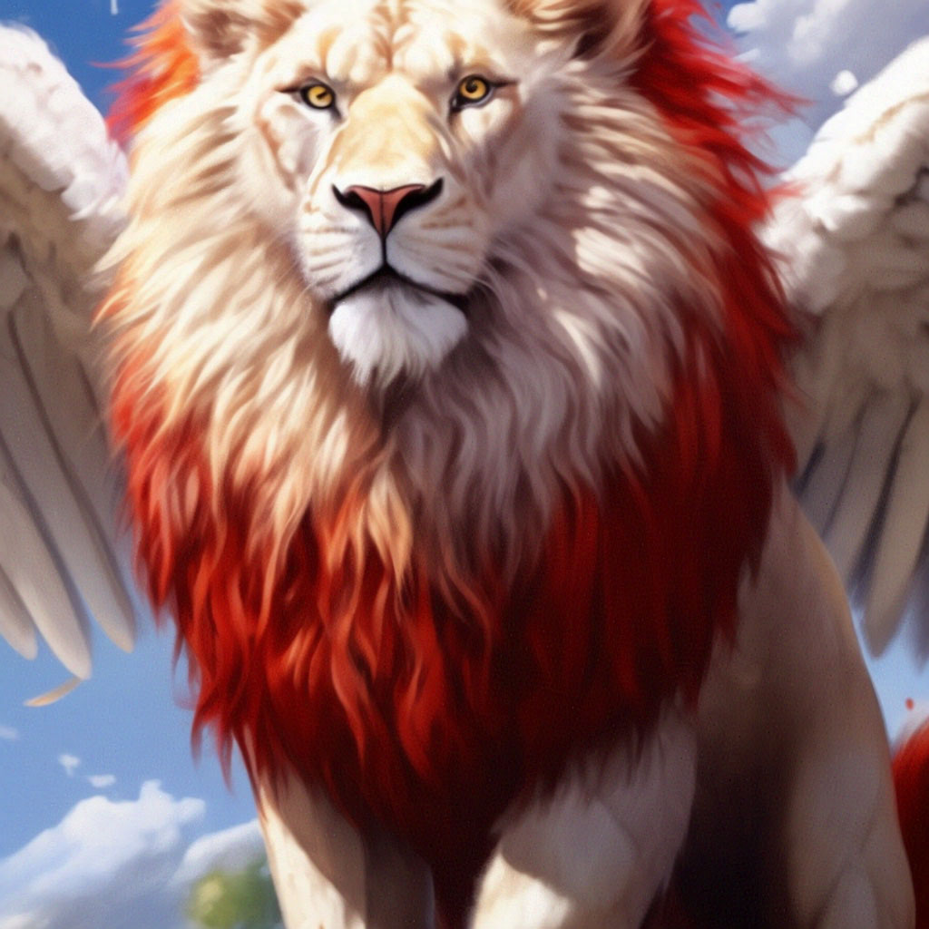 "Manticore white lion bright red mane with golden wings soars in the ...