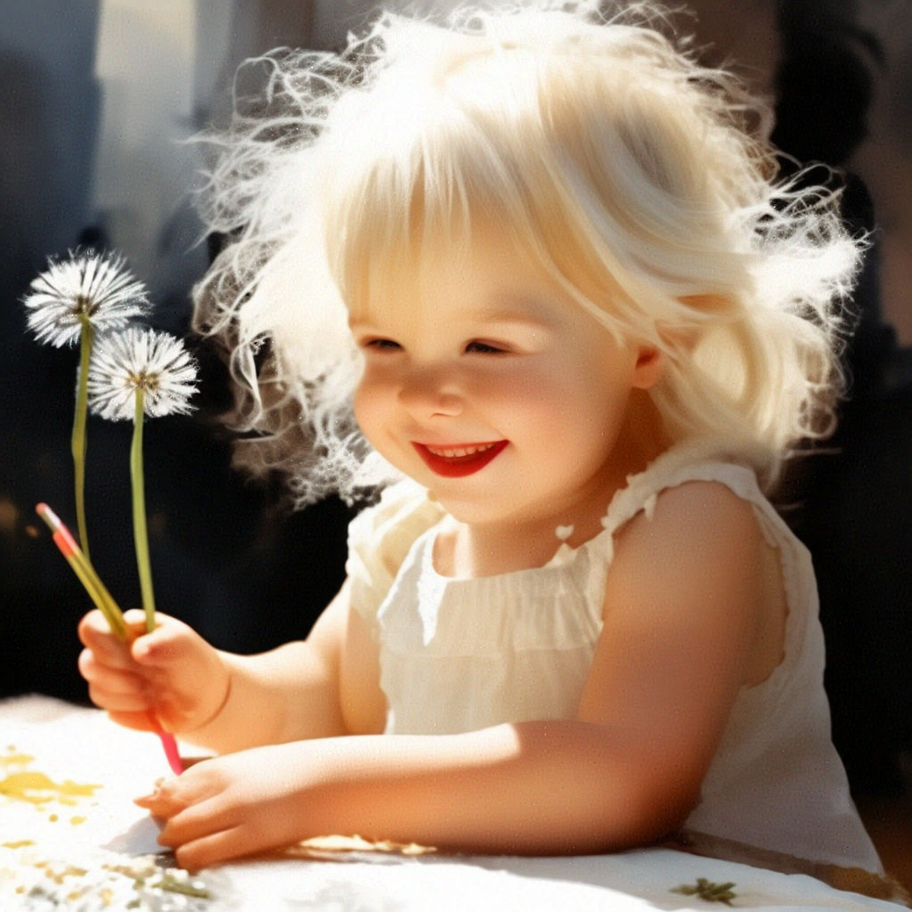 "Baby girl, disheveled white hair,smile,paints dandelion with her ...