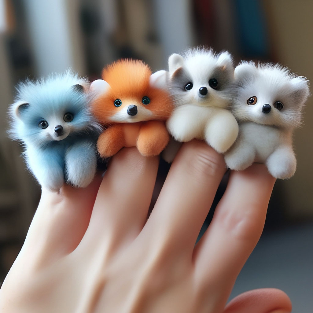 "A hand, on each finger on all fingers, a small beautiful funny fluffy ...