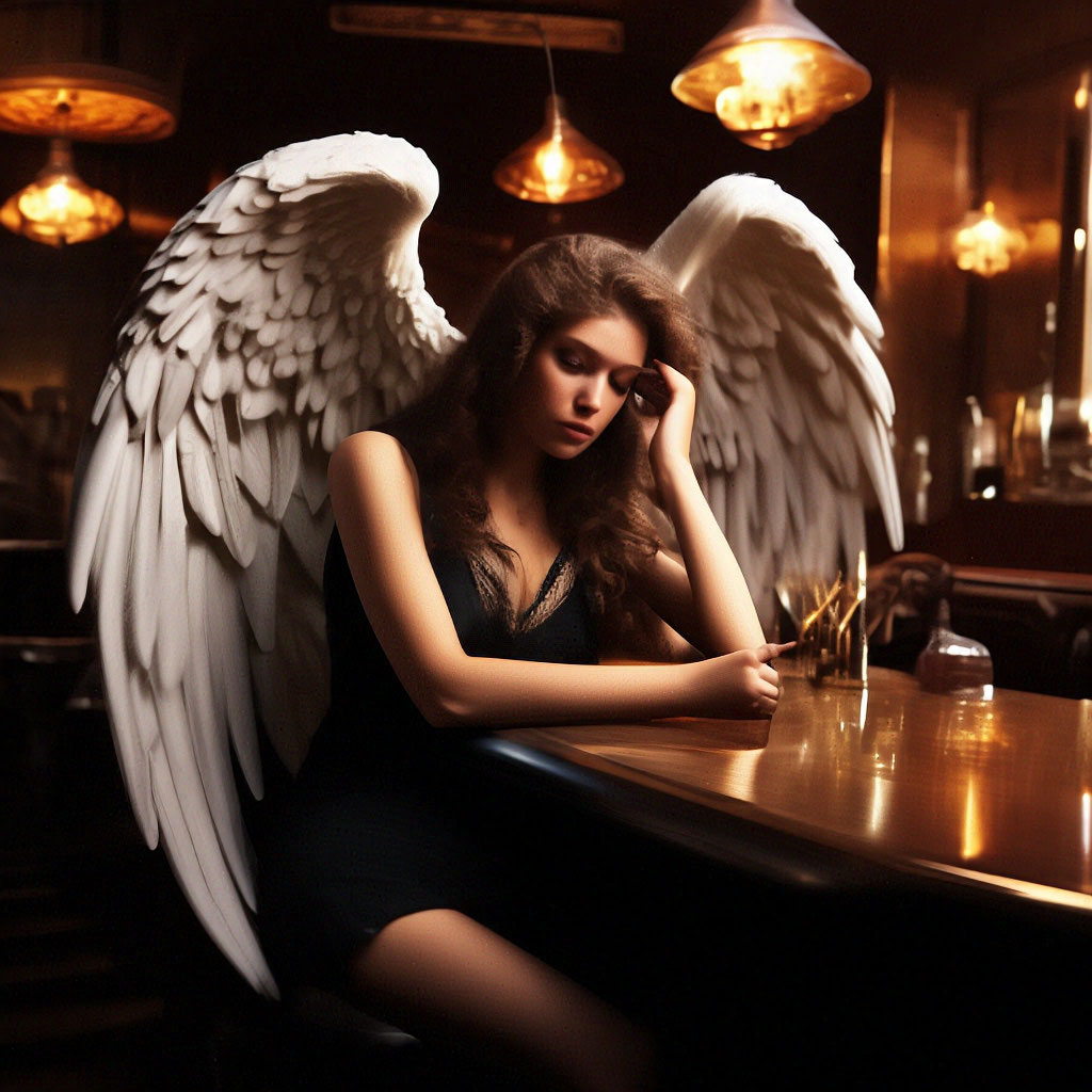 "Tired angel in a bar realistic photo" — image created in Shedevrum