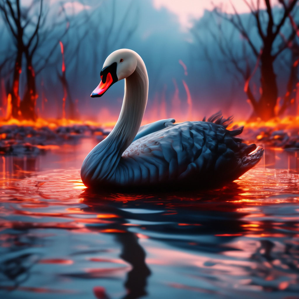 "Anthracite swan in a lava lake, neon…" — image created in Shedevrum