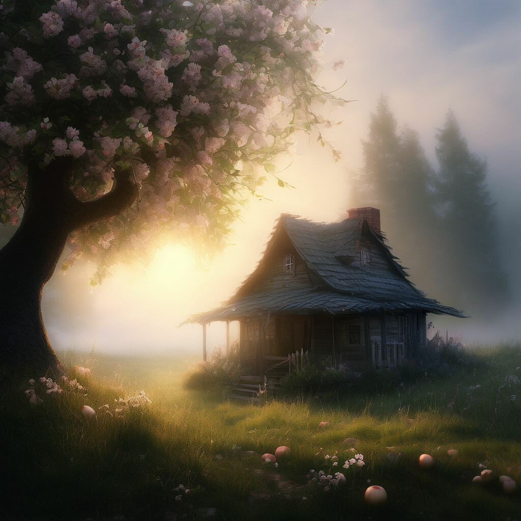 "A quiet hut, an apple tree bent to the ground blooms nearby, dawn, a ...