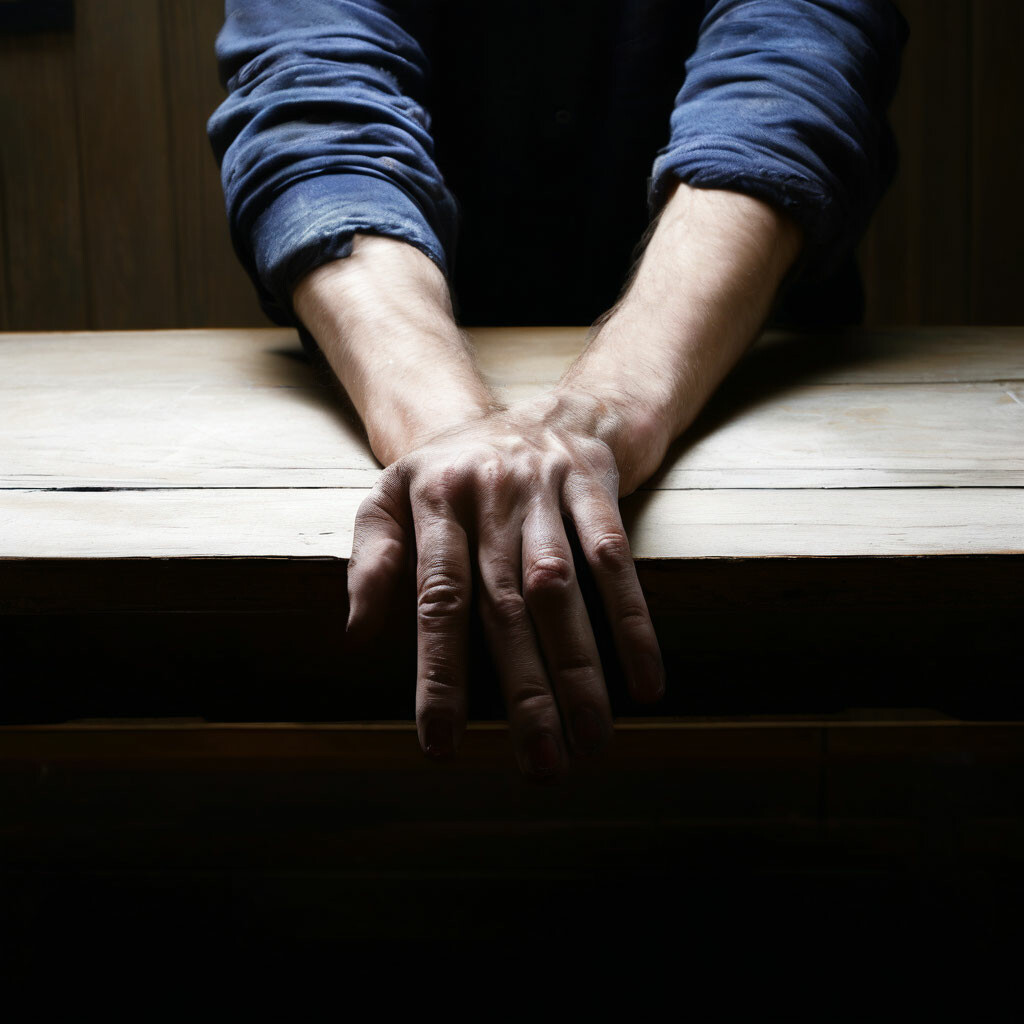 "The hand is on the table" — image created in Shedevrum