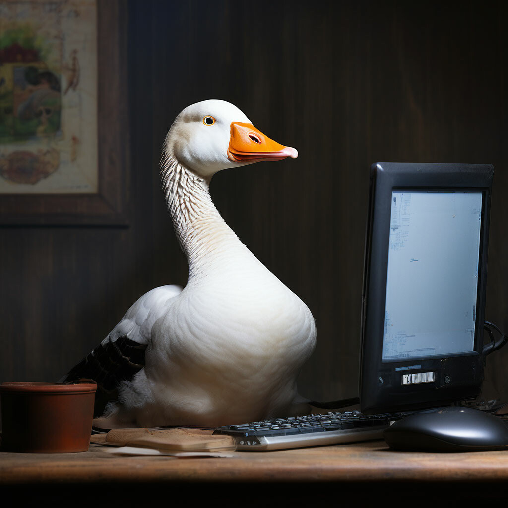 "The goose is sitting at the computer" — image created in Shedevrum