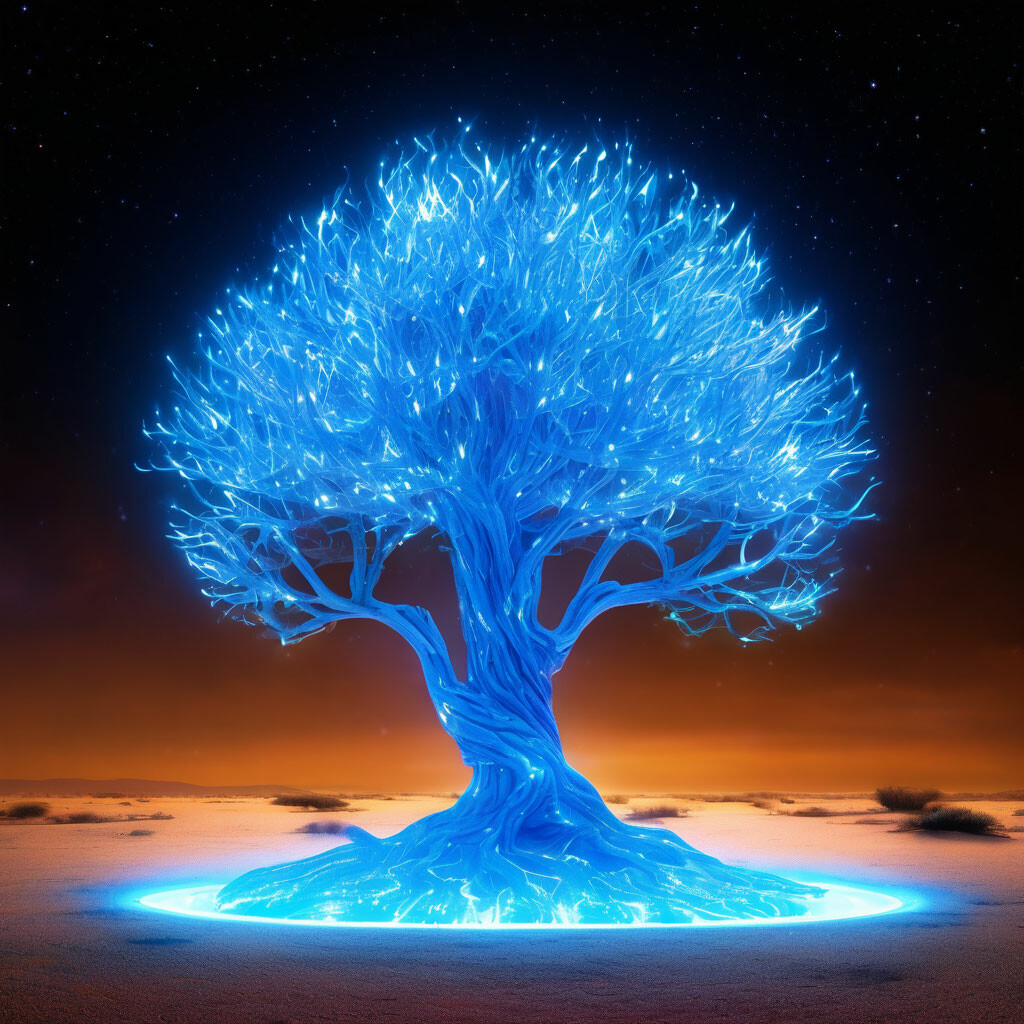 "Futuristic BLUE tree made of bright plasma, glowing roots, lots of ...