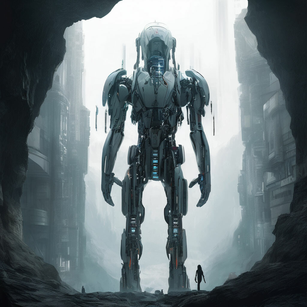 "A tall humanoid android robot, a biomechanical creature, a fantasy ...