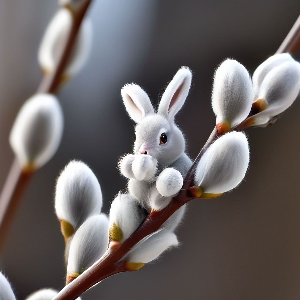"Palm rabbits on a willow branch there are tiny round fluffy cute gray ...