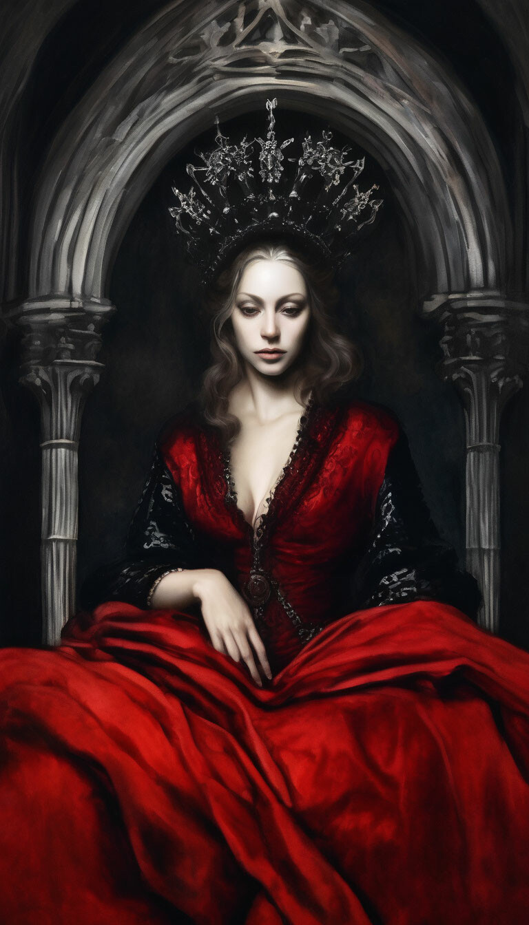 "Red and black... fabulous,gothic arch, the queen,she lies on the bed ...