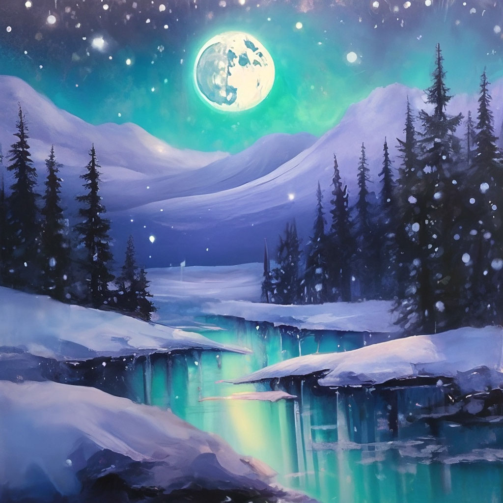 " night landscape, cold moonlight, in shades of tiffany and lavender ...