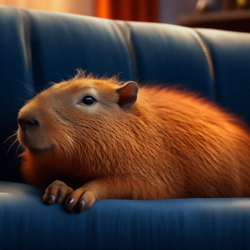 "Hyperrealistic capybara peacefully lying on the couch next to the ...