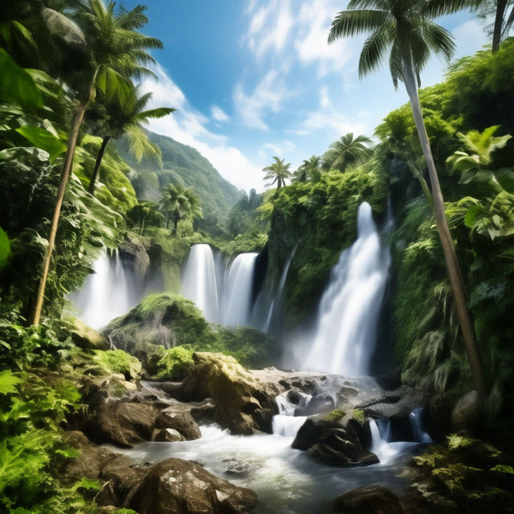 "Landscape with beautiful high waterfalls, splashes of water, green ...