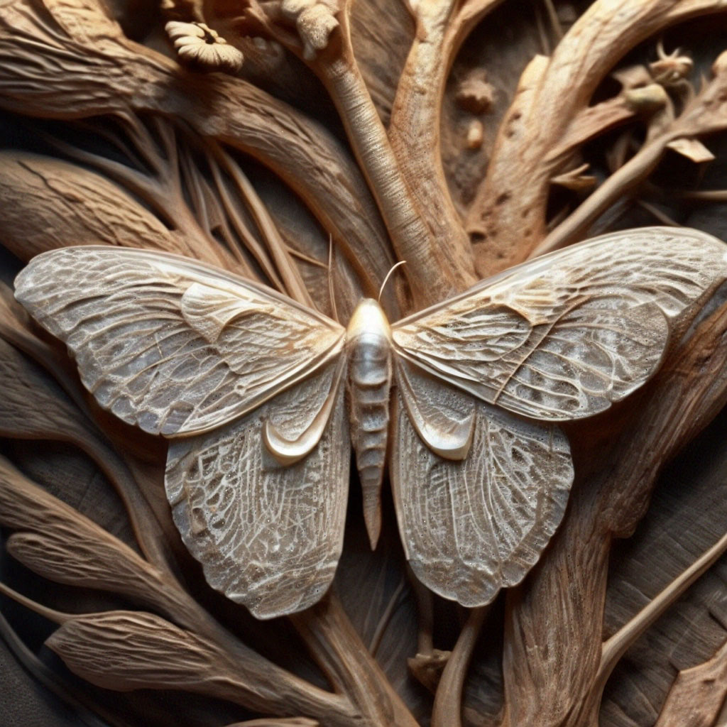 "Openwork drawing, pearl moth on bark, surrealism, detailed texture ...