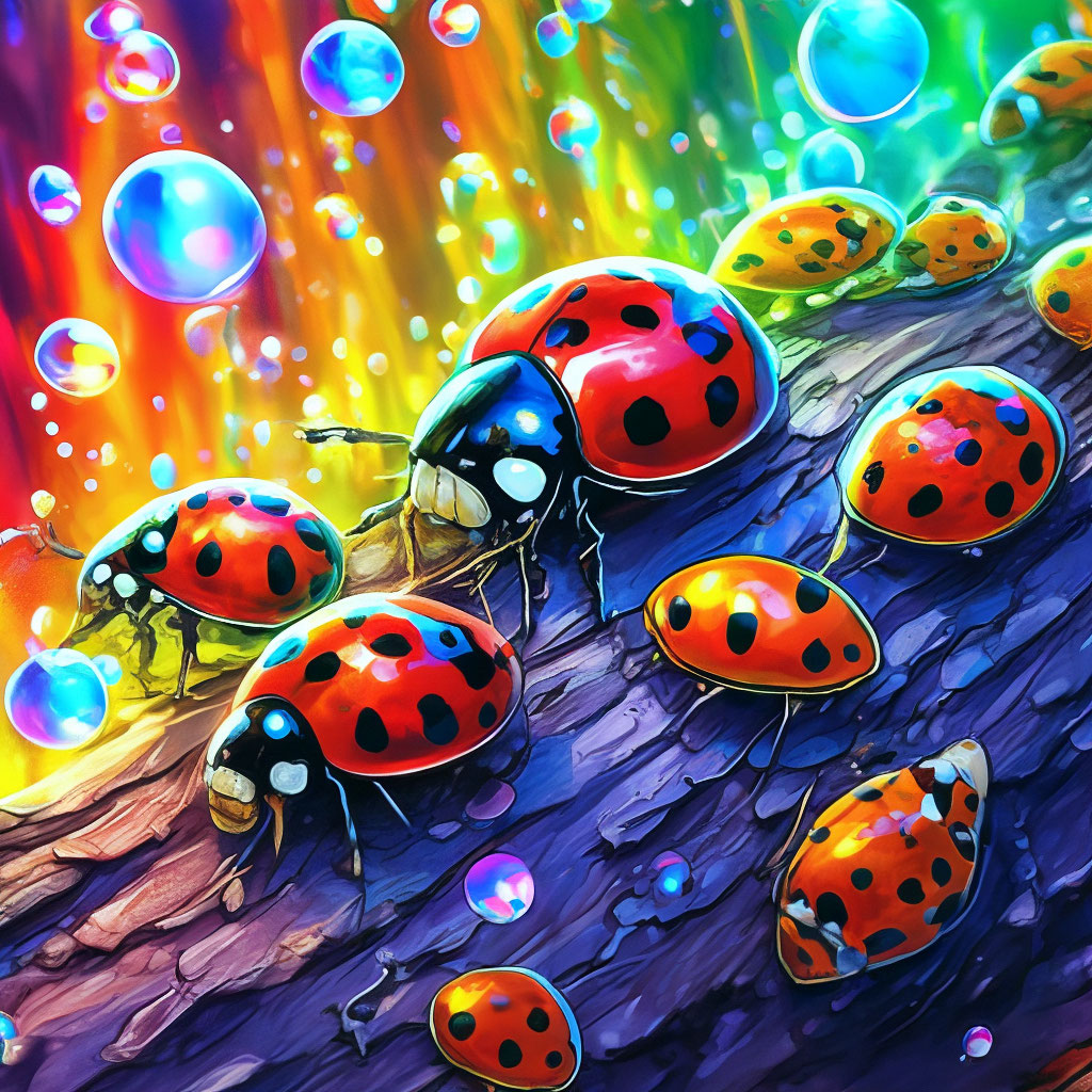"Ladybugs on the bark of a pine tree under a magnifying glass rainbow ...