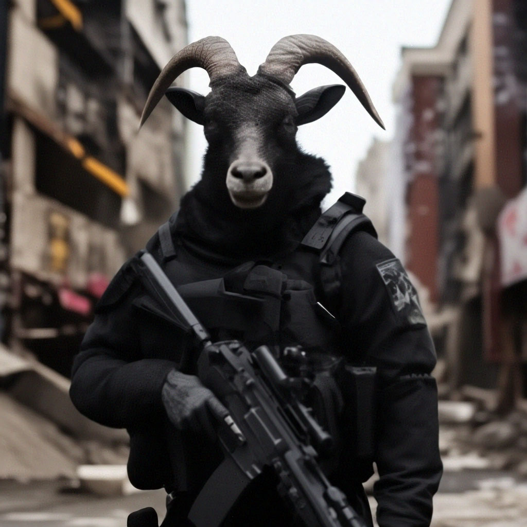 ". An anthropomorphic stern goat dressed in black tactical special ...
