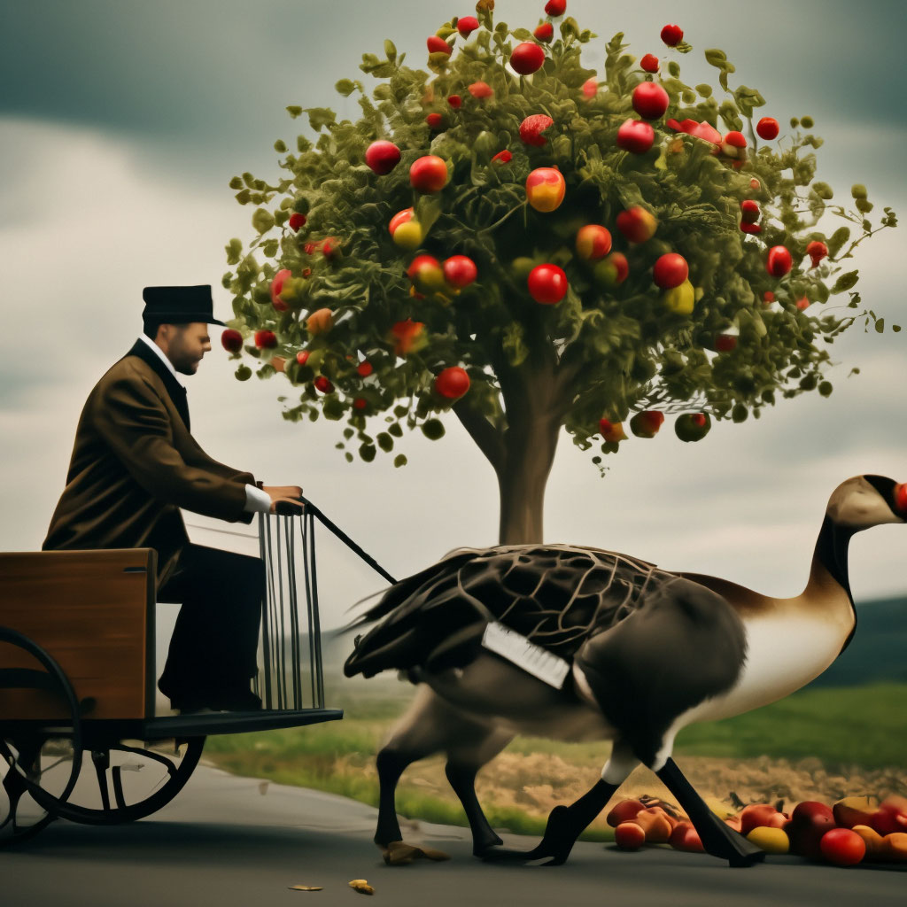 "A man is riding on a cart He's being driven by a goose, the goose has ...