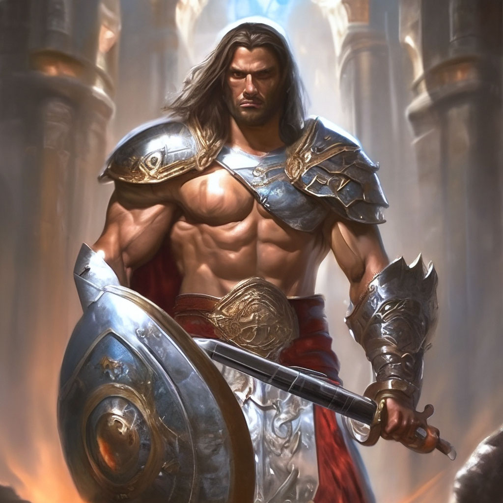 "Alpha male, bodybuilder, epic, ancient warrior armor, shield, sword ...