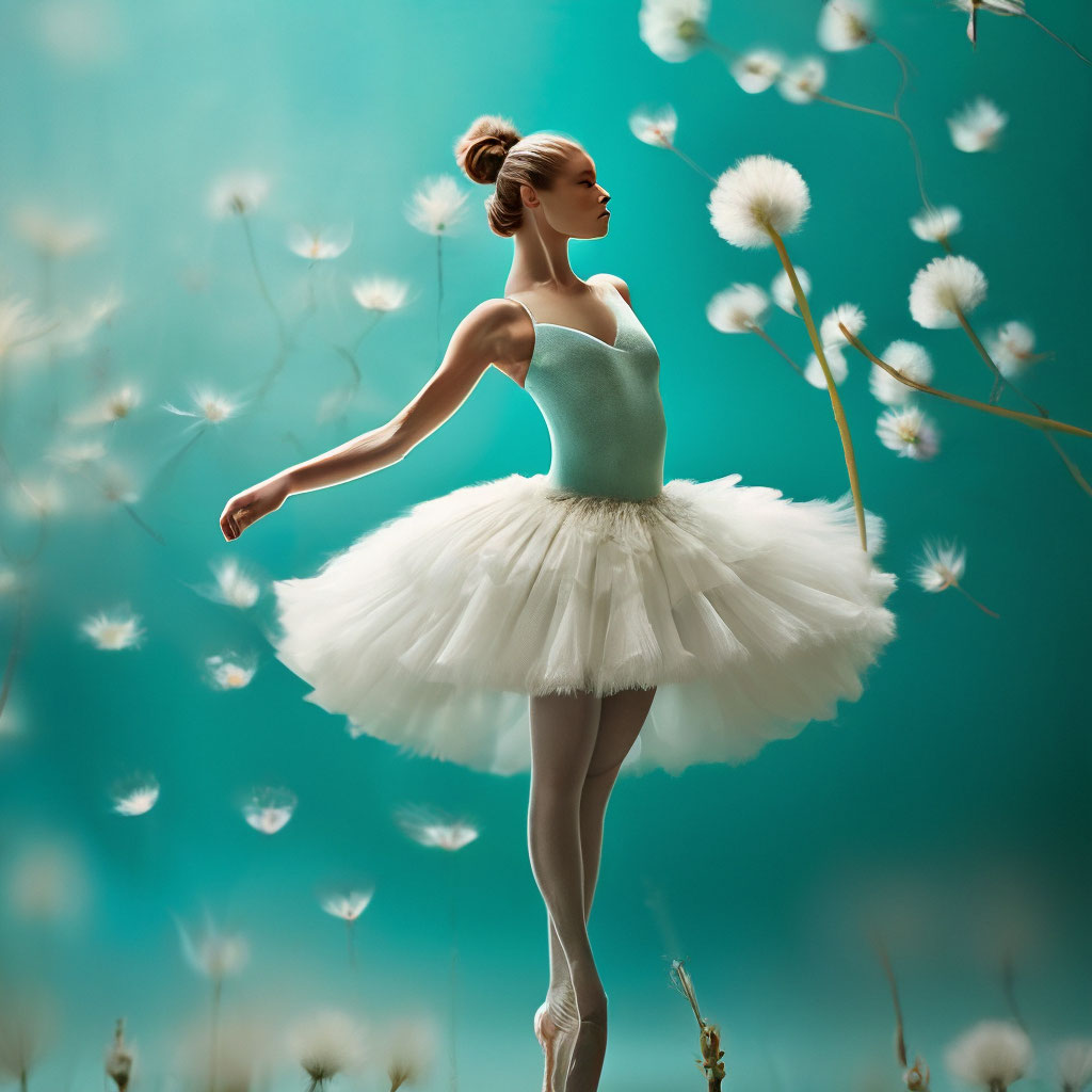 "Turquoise background, a beautiful ballerina has a white dandelion like ...