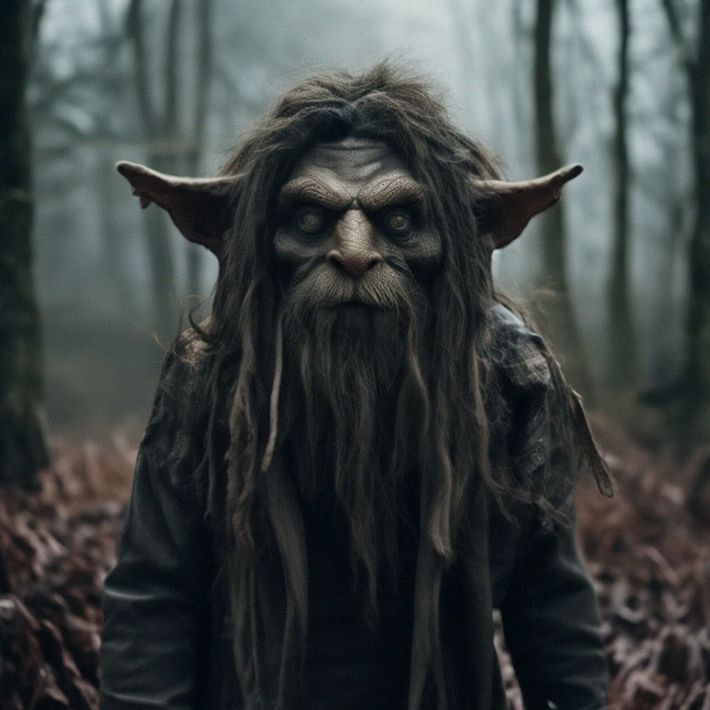"Creepy bearded goblin in the forest" — image created in Shedevrum