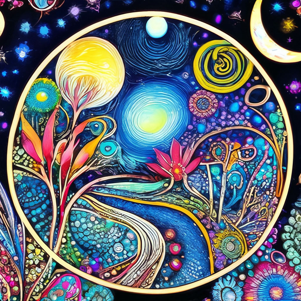 "Fantastic landscape in the Doodling style, psychedelic moons, flowers ...