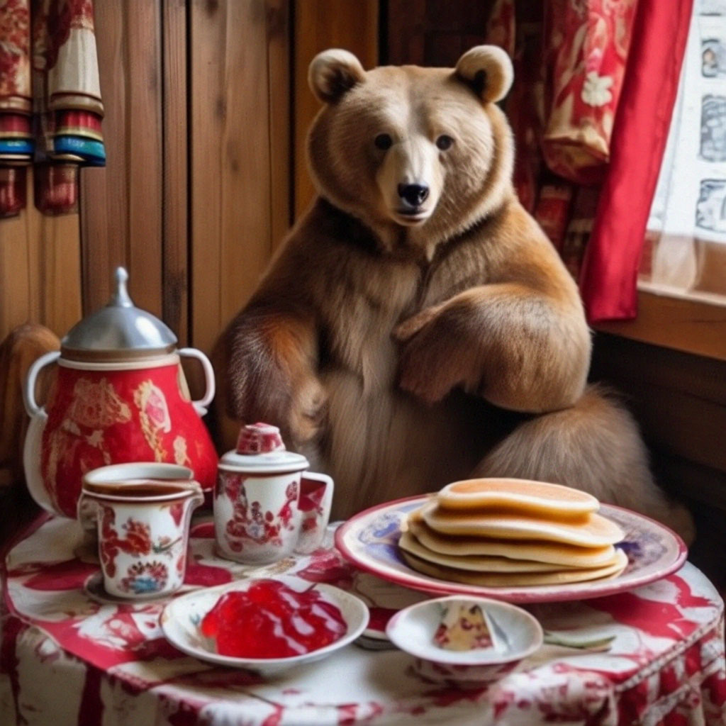 "Russian Russian bear in a Slavic costume, in a Russian wooden house ...