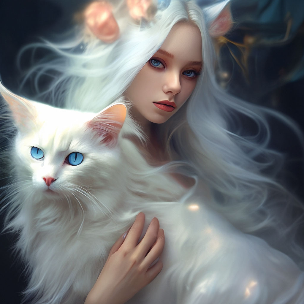 "Hybrid demoness of a cat, half-side, large transparent eyes, human ...