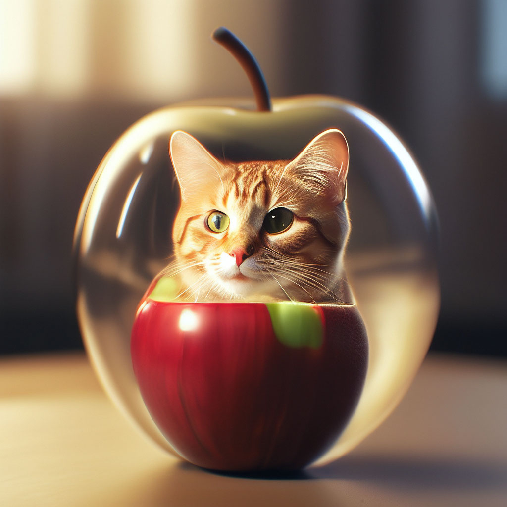 "The cat in the apple. The apple is transparent and realistic." — image ...