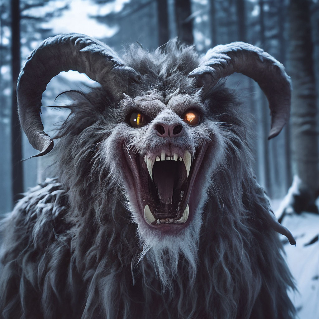 "Hyper realistic toothy fuzzy😈😈😈 strange eyes, laughter, horns, shaggy ...