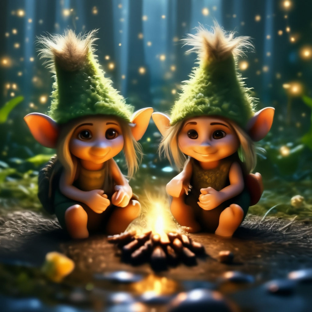 "Two little trolls sitting by a campfire in the forest, fireflies ...
