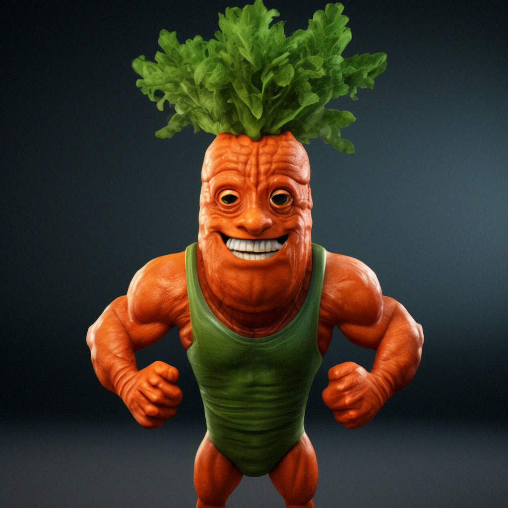 ""Anthropomorphic carrot in the image of a mighty athlete", detailed ...