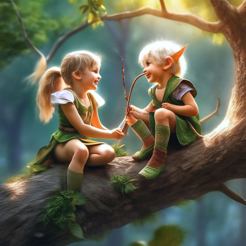 "A fairy-tale elf boy is playing with a dwarf girl on a tree branch. 5d ...